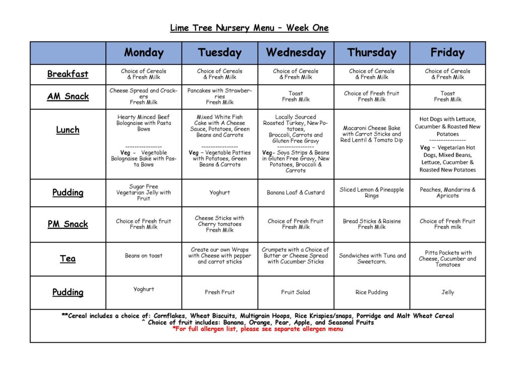 Our Nursery Menu