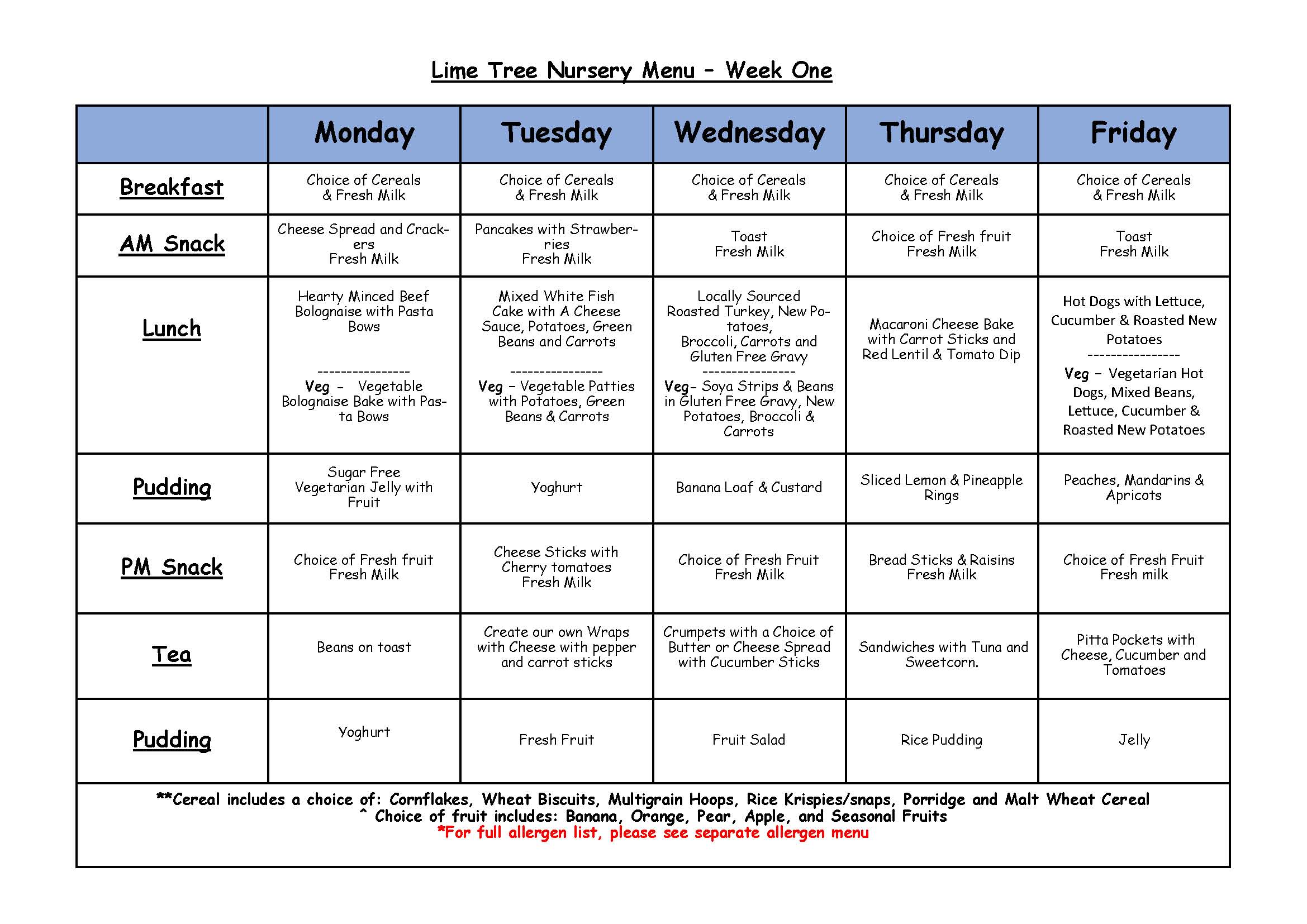 Our Nursery Menu